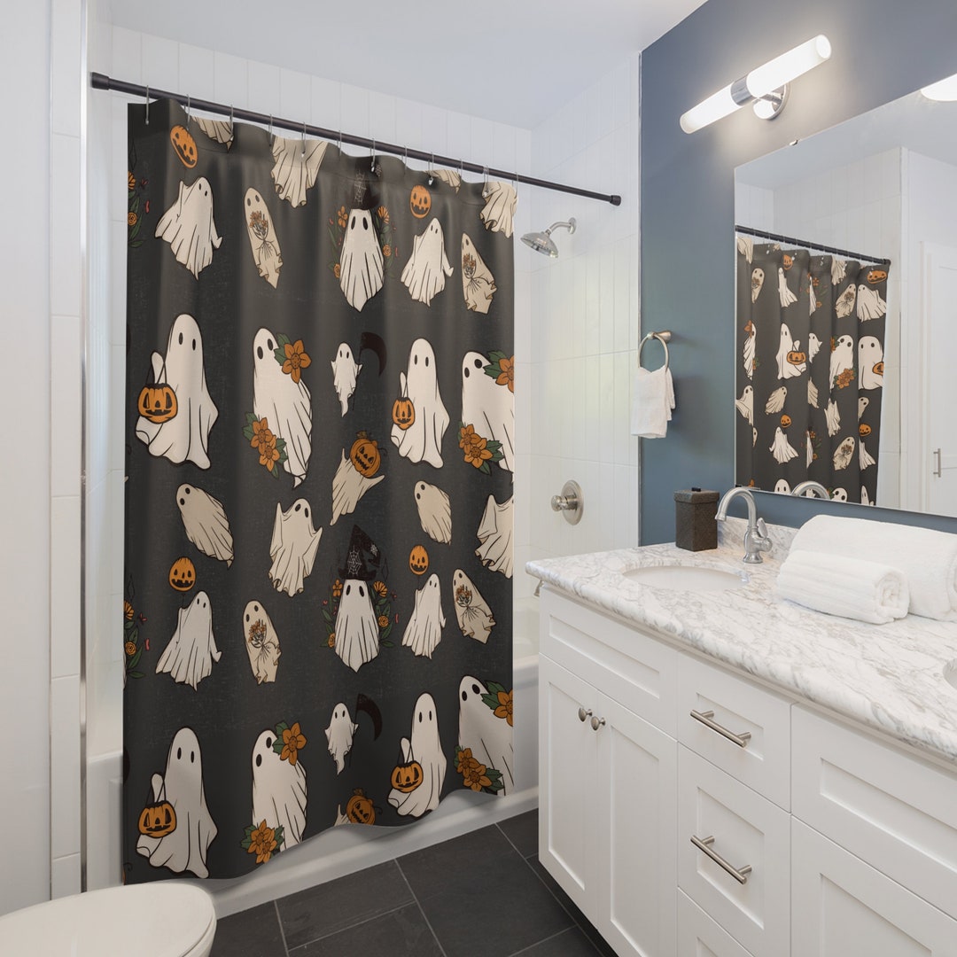 Boho Ghost Halloween Shower Curtain, Cute Ghost Shower Curtain ...