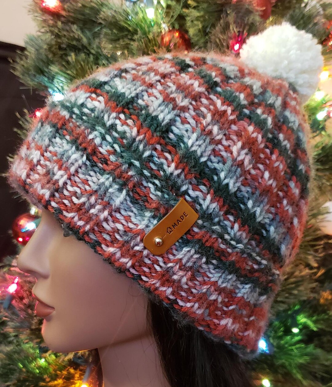 Handmade Knit Hat With Pom-pom Folded Brim Red Green and White Holiday ...