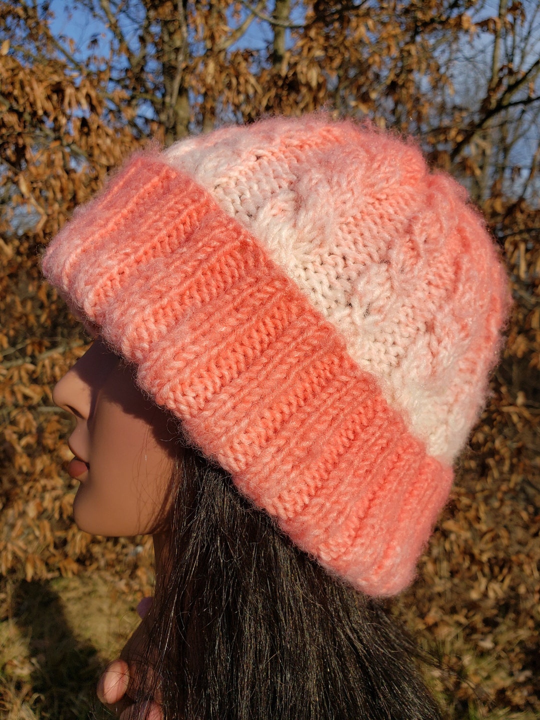 Handmade Knit Chunky Hat Slouchy Style Folded Brim Coral and Cream ...
