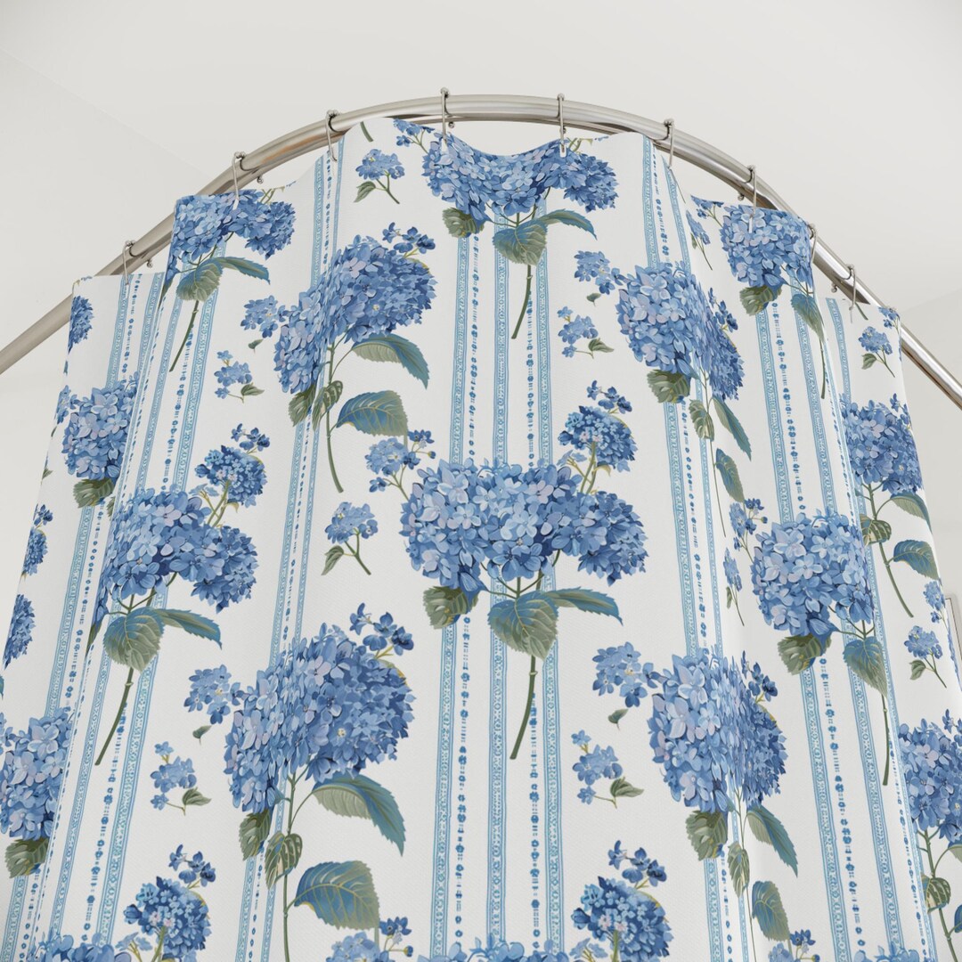 Blue Hydrangea Pattern Shower Curtain | Floral Striped Bathroom Decor ...