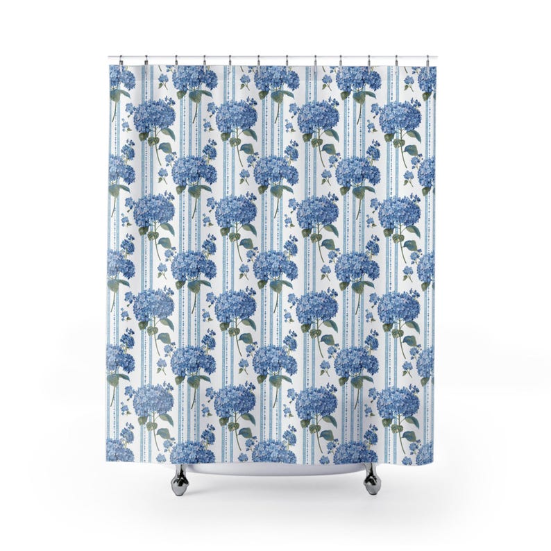 Blue Hydrangea Pattern Shower Curtain | Floral Striped Bathroom Decor ...