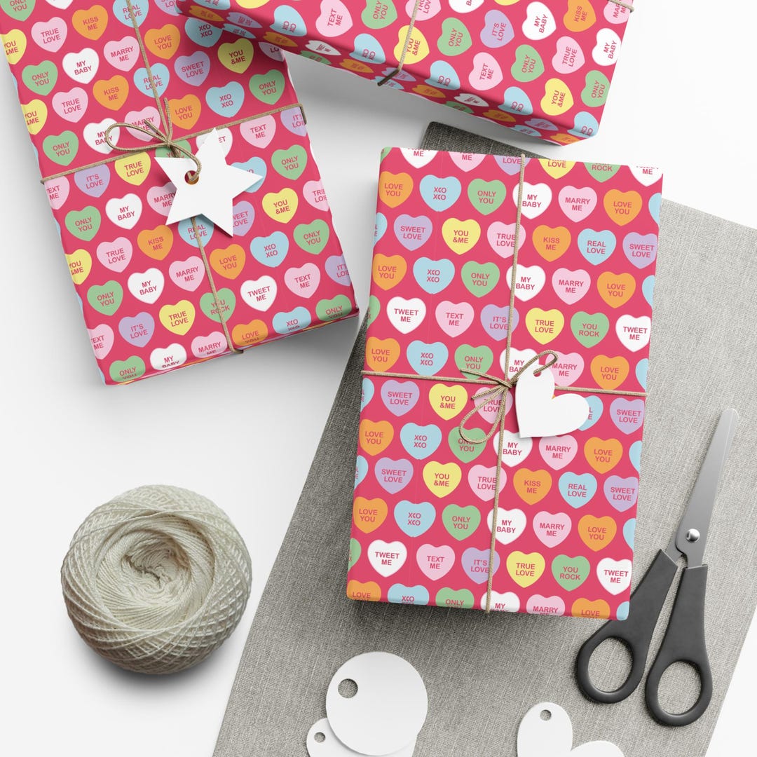 Conversation Hearts Gift Wrap, Candy Hearts Gift Wrap, Pink Wrapping ...