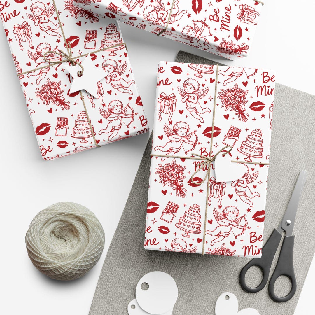 Valentine Cherubs Wrapping Paper, Be Mine Hearts and Kisses, Love ...