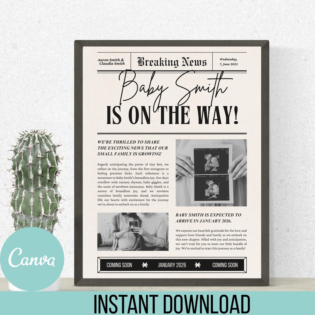 Editable Newspaper Template, Grad or Baby Announcement, Canva Newspaper ...