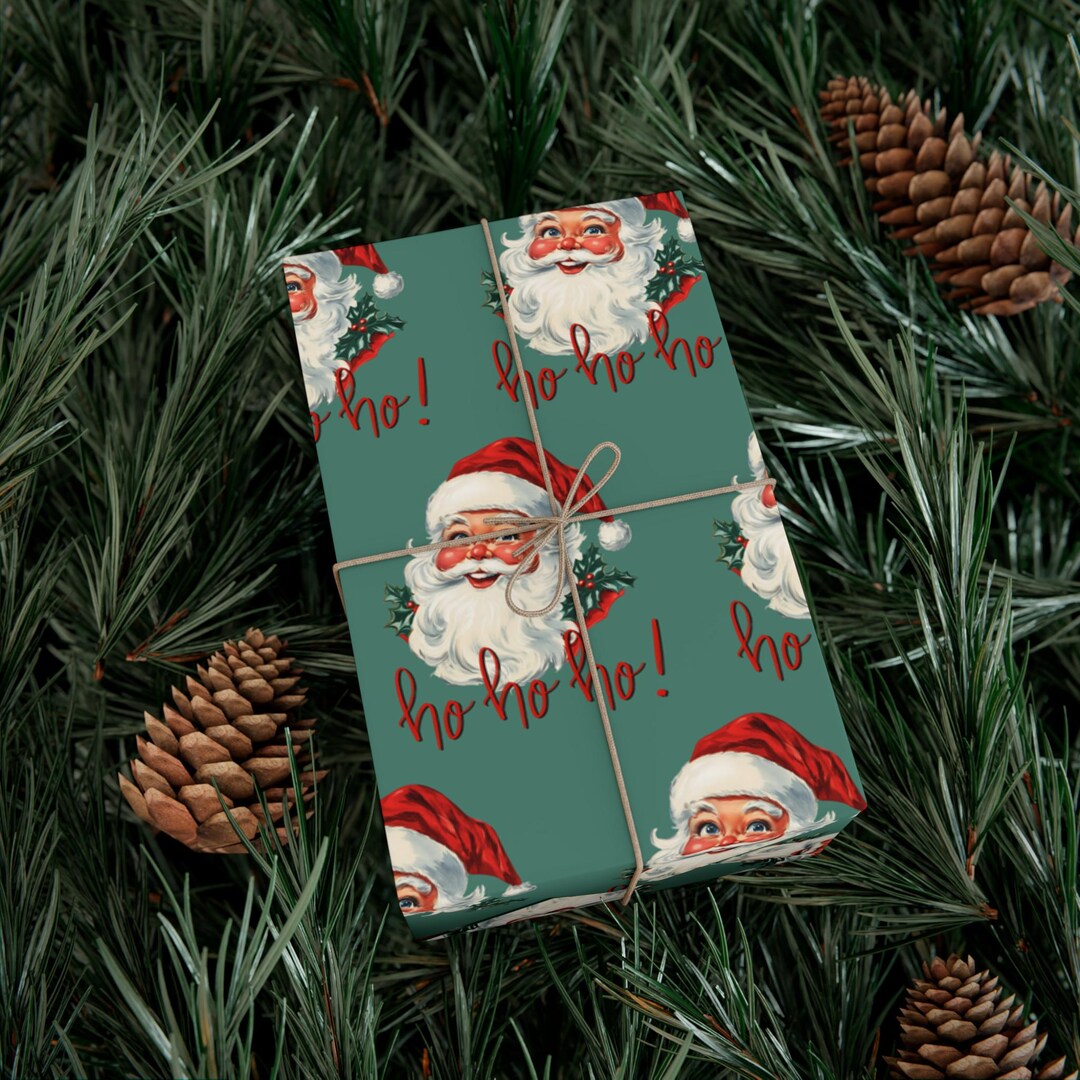 Vintage Christmas,retro Santa Gift Wrap,green Wrapping Paper,vintage ...