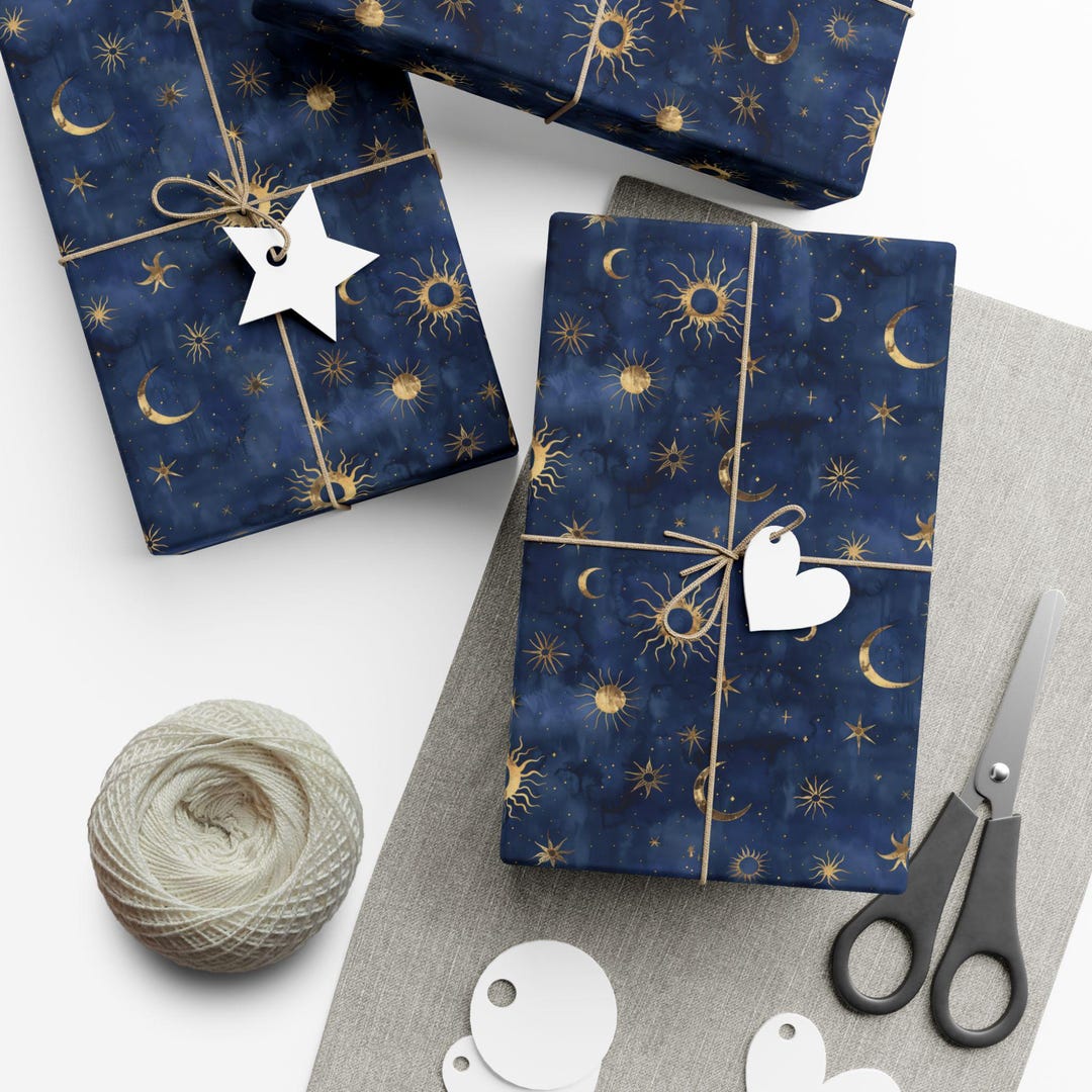 Celestial Wrapping Paper – Navy and Gold Sun Moon Holiday Decor - Etsy
