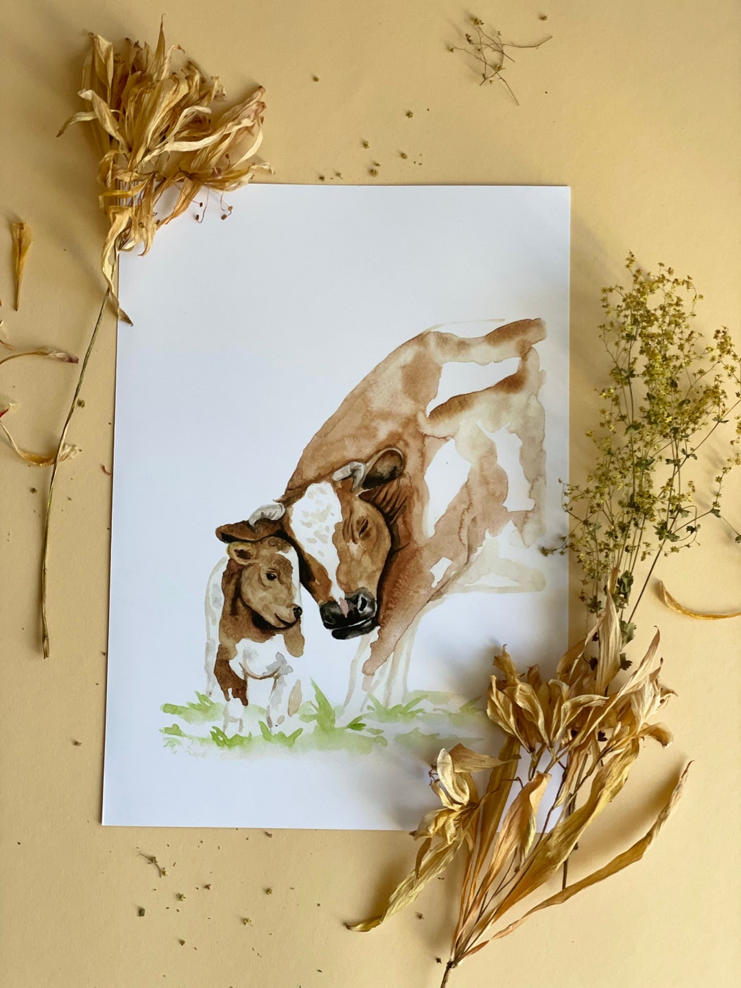 Postcard Mom Cow With Baby Cow in A6, Watercolor Cow Illustration, Cute ...