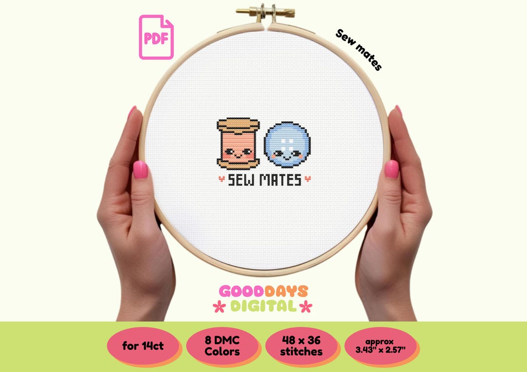 Sew Mates Cross Stitch Pattern PDF | Cute Kawaii Sewing Pun Design ...