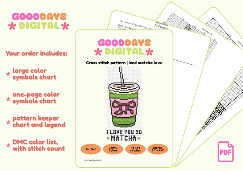 Iced Matcha Latte Cross Stitch Pattern | Beginner Friendly (PDF) - Etsy