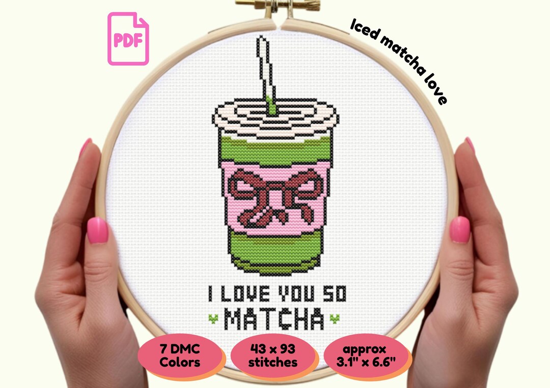 Iced Matcha Latte Cross Stitch Pattern | Beginner Friendly (PDF) - Etsy