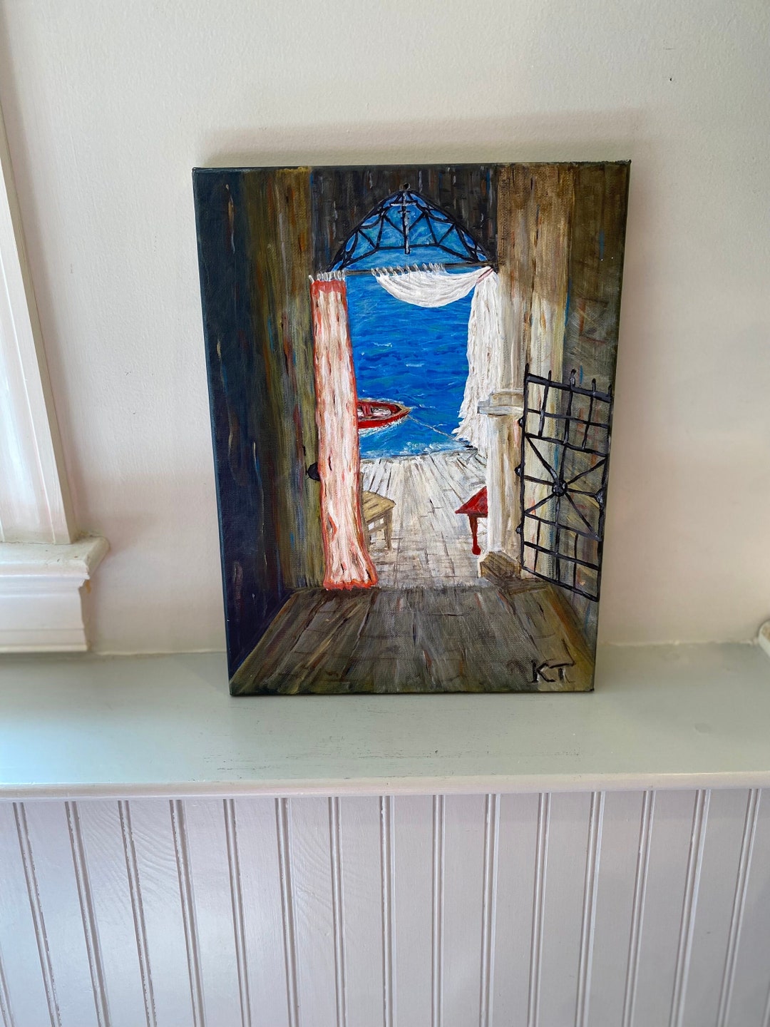 Ocean Painting, Original Art, Window Scene With Boat, Artist Signed, KT - Etsy