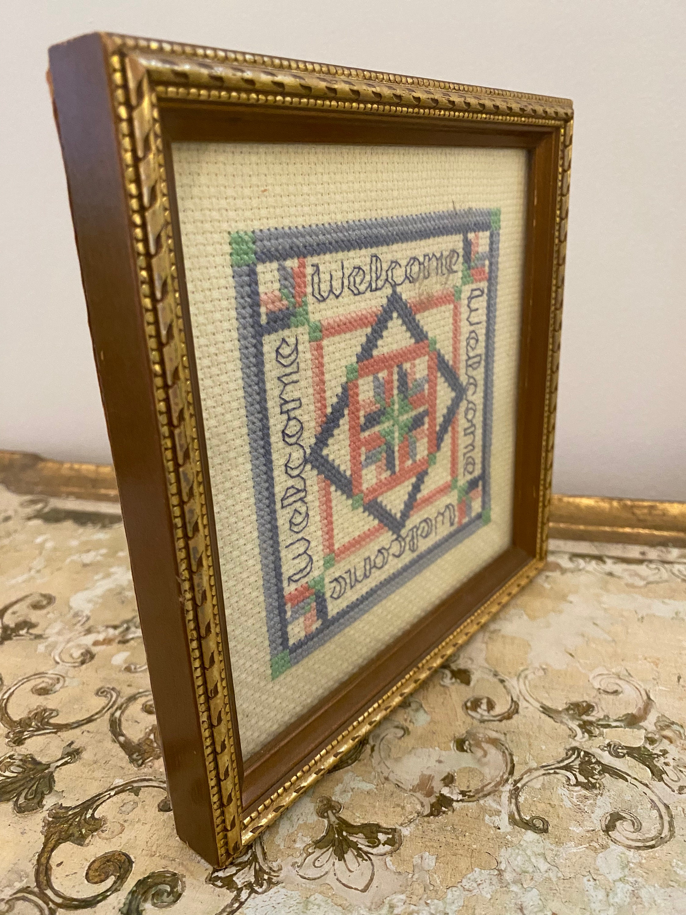 Small Welcome Needlepoint in Gold Square Frame, 7 X 7 Inch, Quilted ...