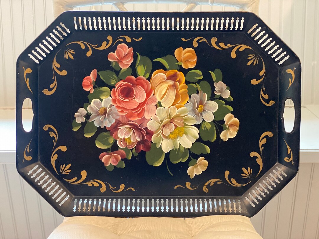 Extra Large Toleware Tray, Vintage Hand Painted Floral, Hex Shape by ...