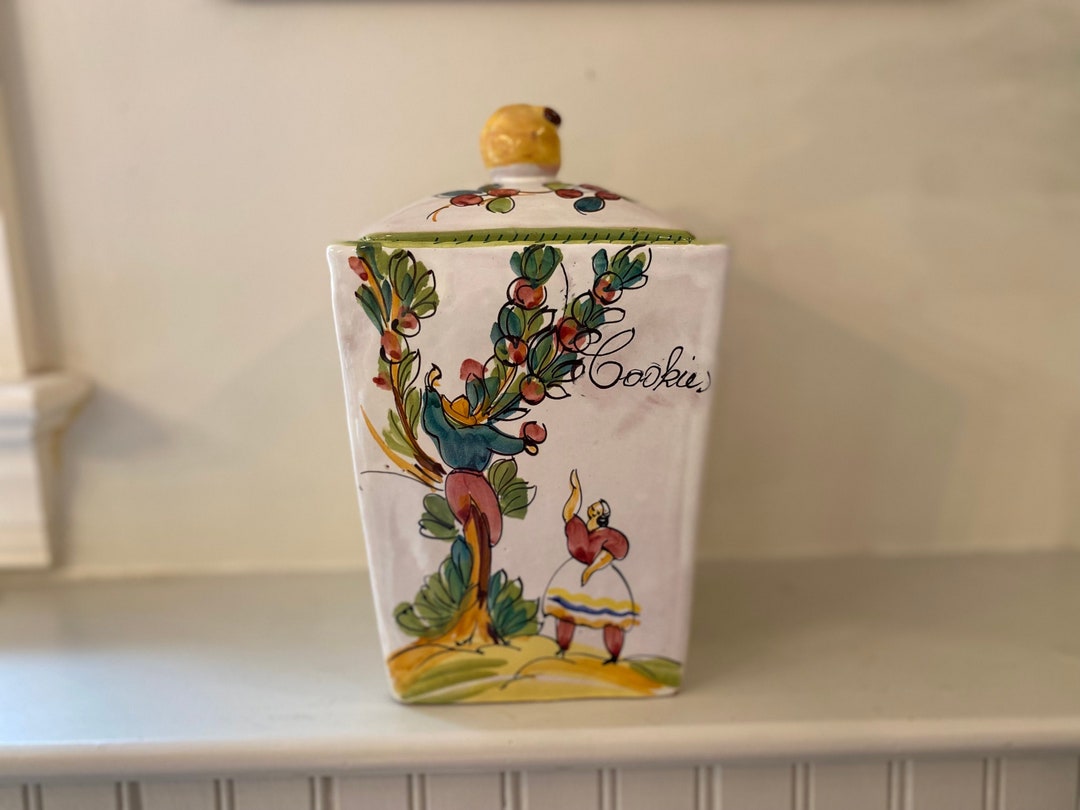 Rustic Italian Cookie Jar, Glazed Ceramic, Lemon on Lid, Green, Blue ...