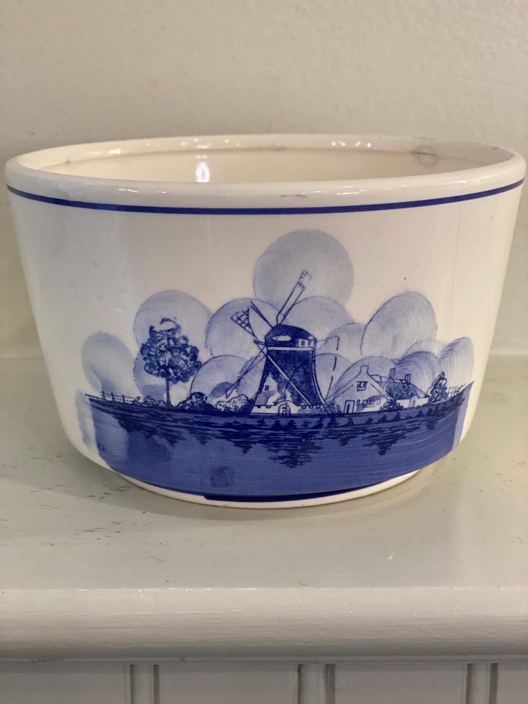 Vintage Planter, Dutch Delft Blue Windmill, Indoor Planter, Hairline ...