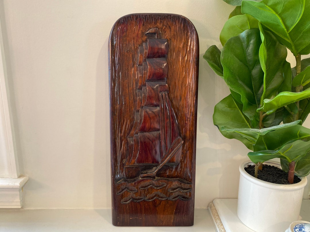 Hand Carved Wood Ship Wall Art: Vintage Nautical Decor - Etsy