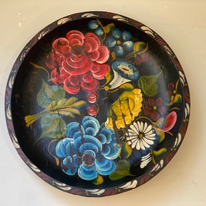 Mexican Batea Bowl, Wooden, Hand Painted Florals on Black Background ...