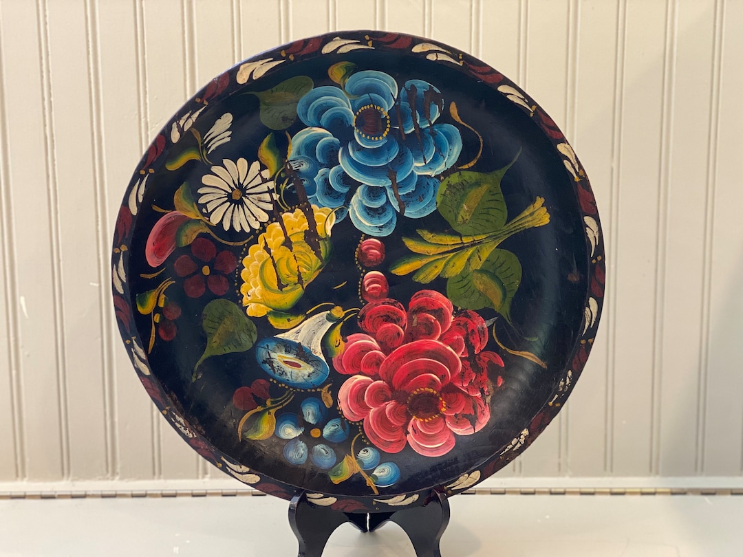 Mexican Batea Bowl, Wooden, Hand Painted Florals on Black Background ...