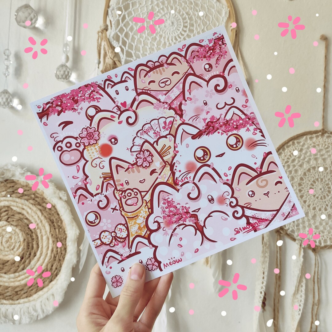 Bunch of Sakura Cats Art Print | Cute Art Prints | Cat Illustration ...