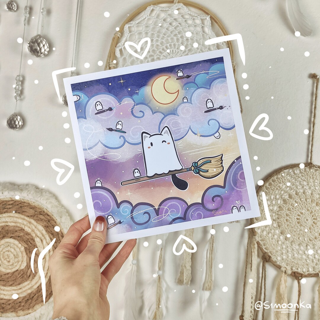 Ghost Cat Witching Hour Art Print Cute Art Prints Cat Illustration Cat ...