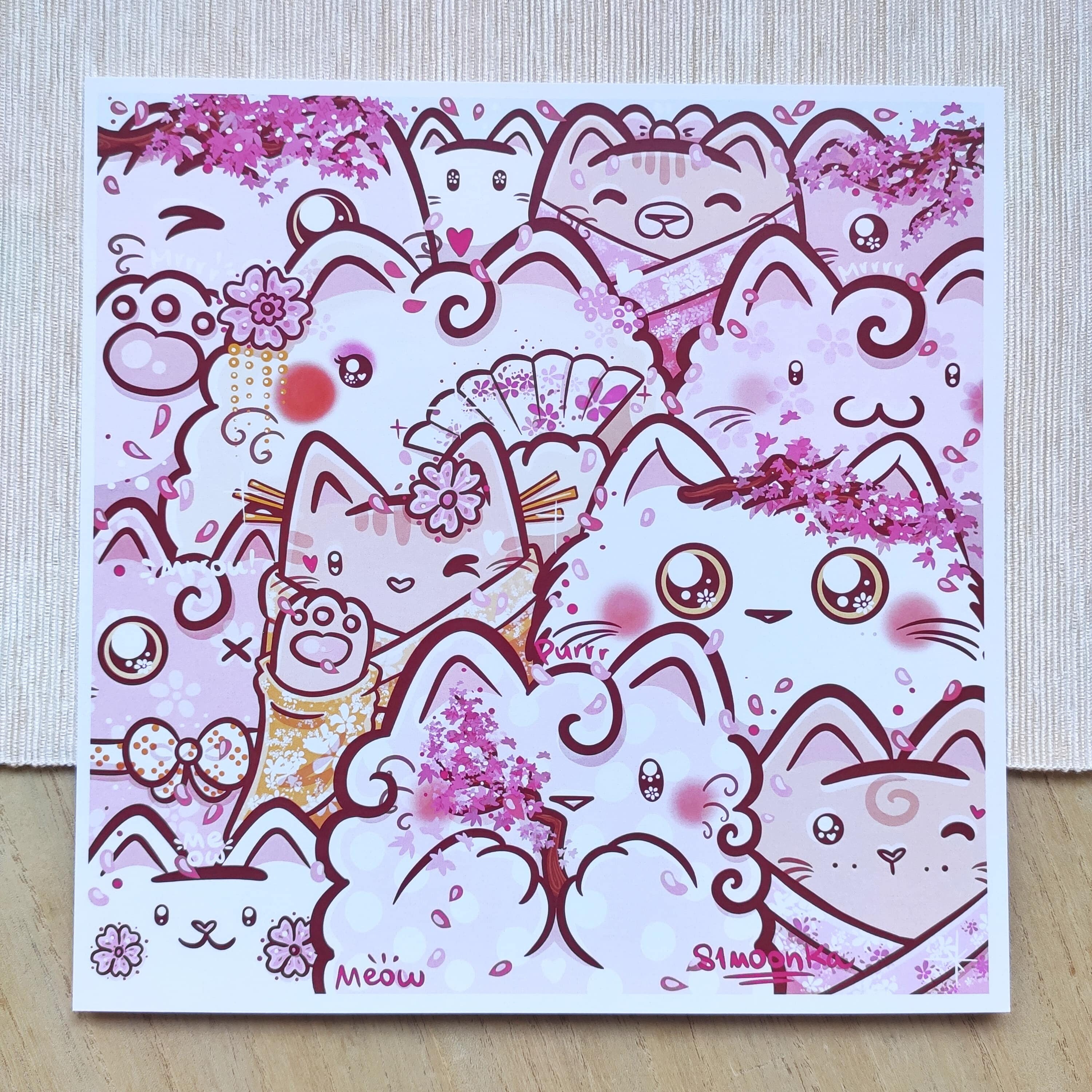 Bunch of Sakura Cats Art Print Cute Art Prints Cat - Etsy