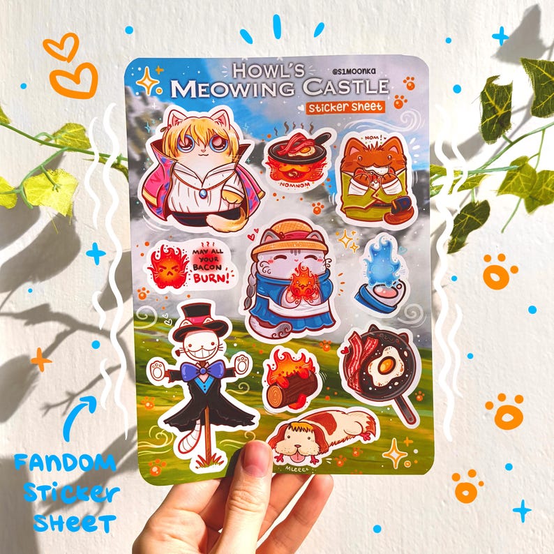 HOWL'S MEOWING CASTLE Fandom Sticker Sheet: Kawaii Cat Ghibli Fanart - Etsy