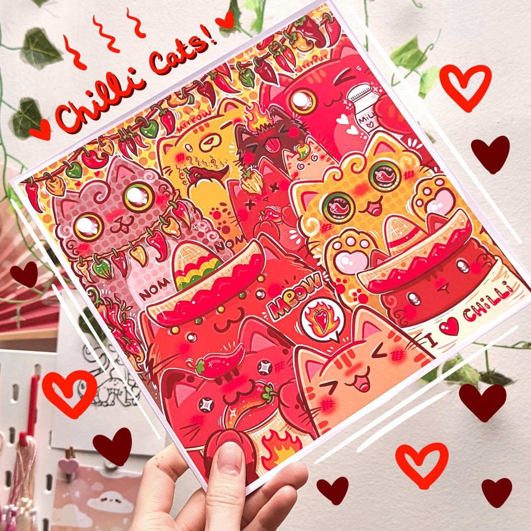 Bunch of Chilli Cats Art Print Cute Art Prints Cat Illustration Cat Art ...