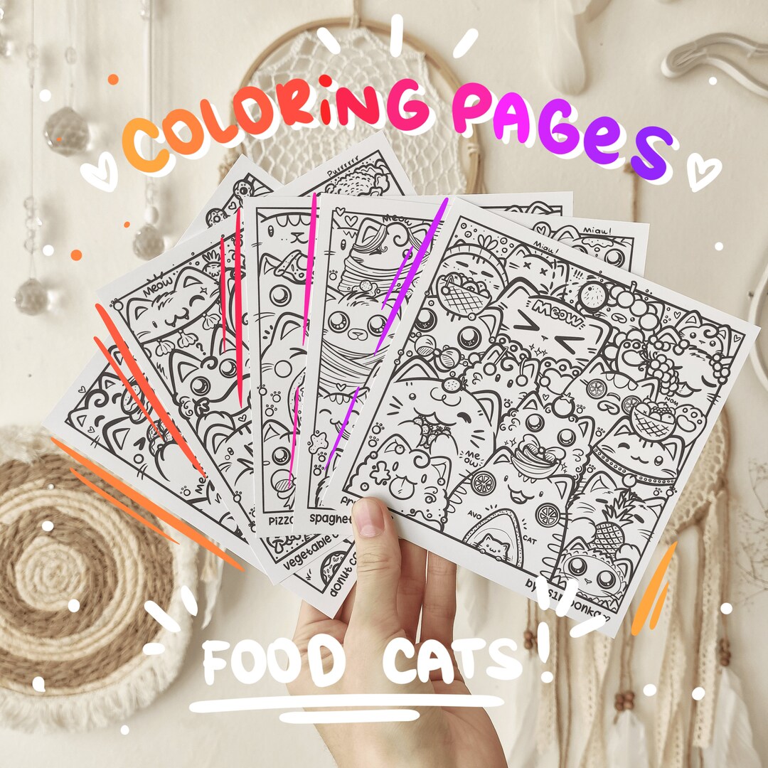 COLORING CATS Food Set Blackandwhite Cats A4 A5 Art Print Coloring ...