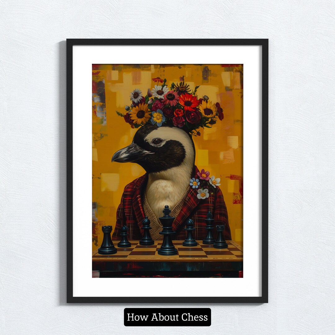 Flower Head Penguin, Animal Portrait Wall Art, Chess Gift Idea Wall ...