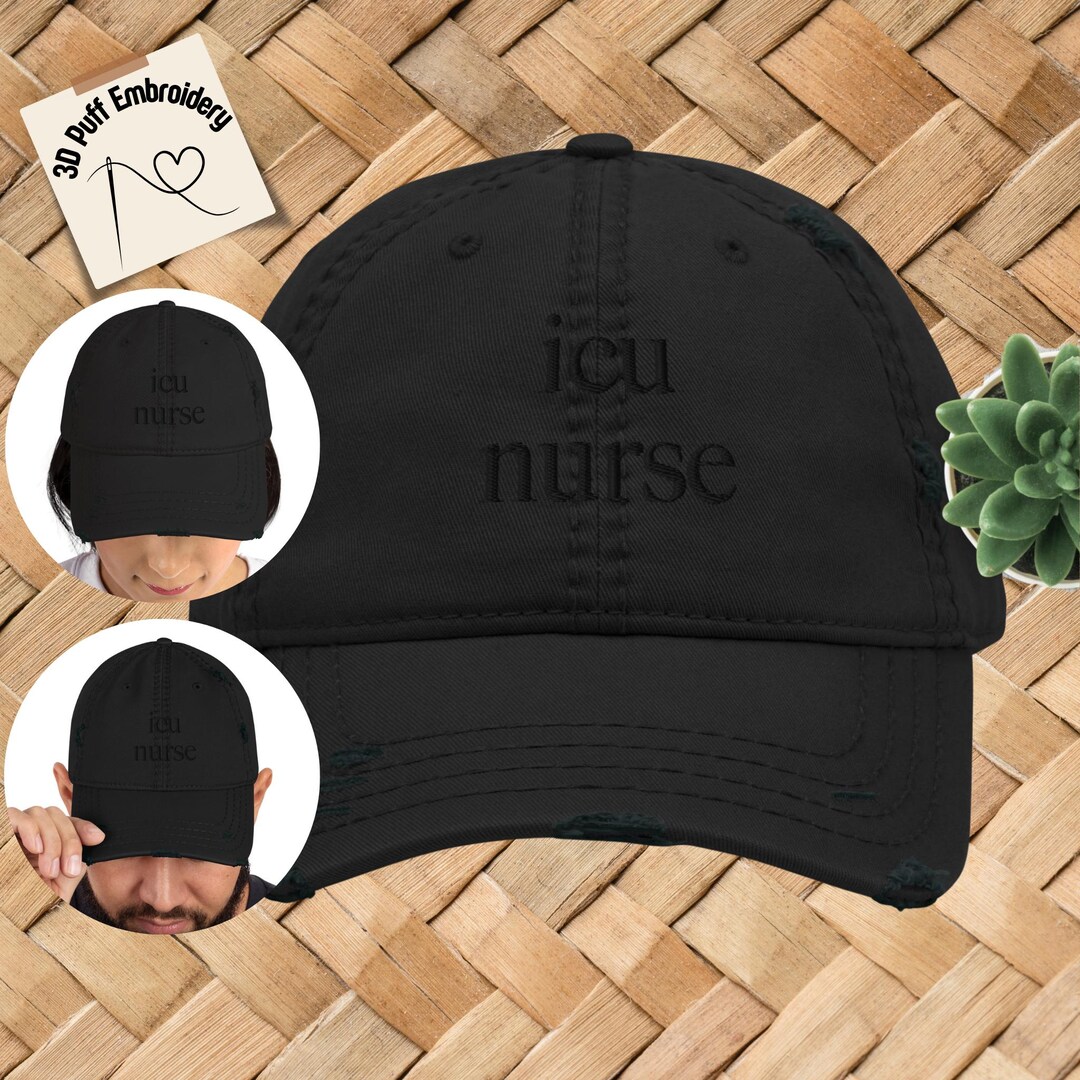 ICU Nurse Hat Black on Black, 3D Puff Embroidered Distressed Baseball ...