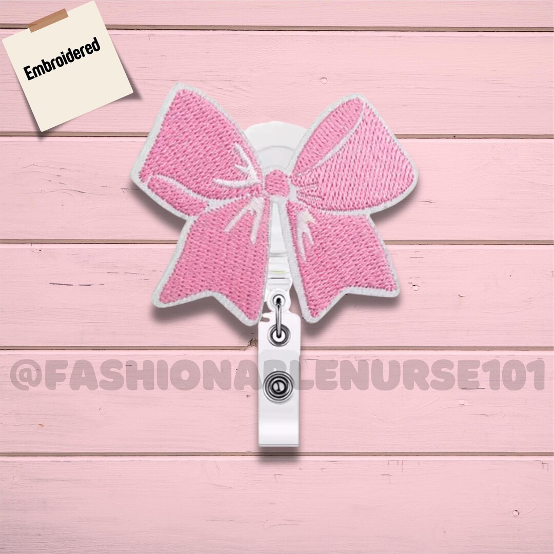 Embroidered Pink Bow Badge Reel, Cute ID Holder - Etsy