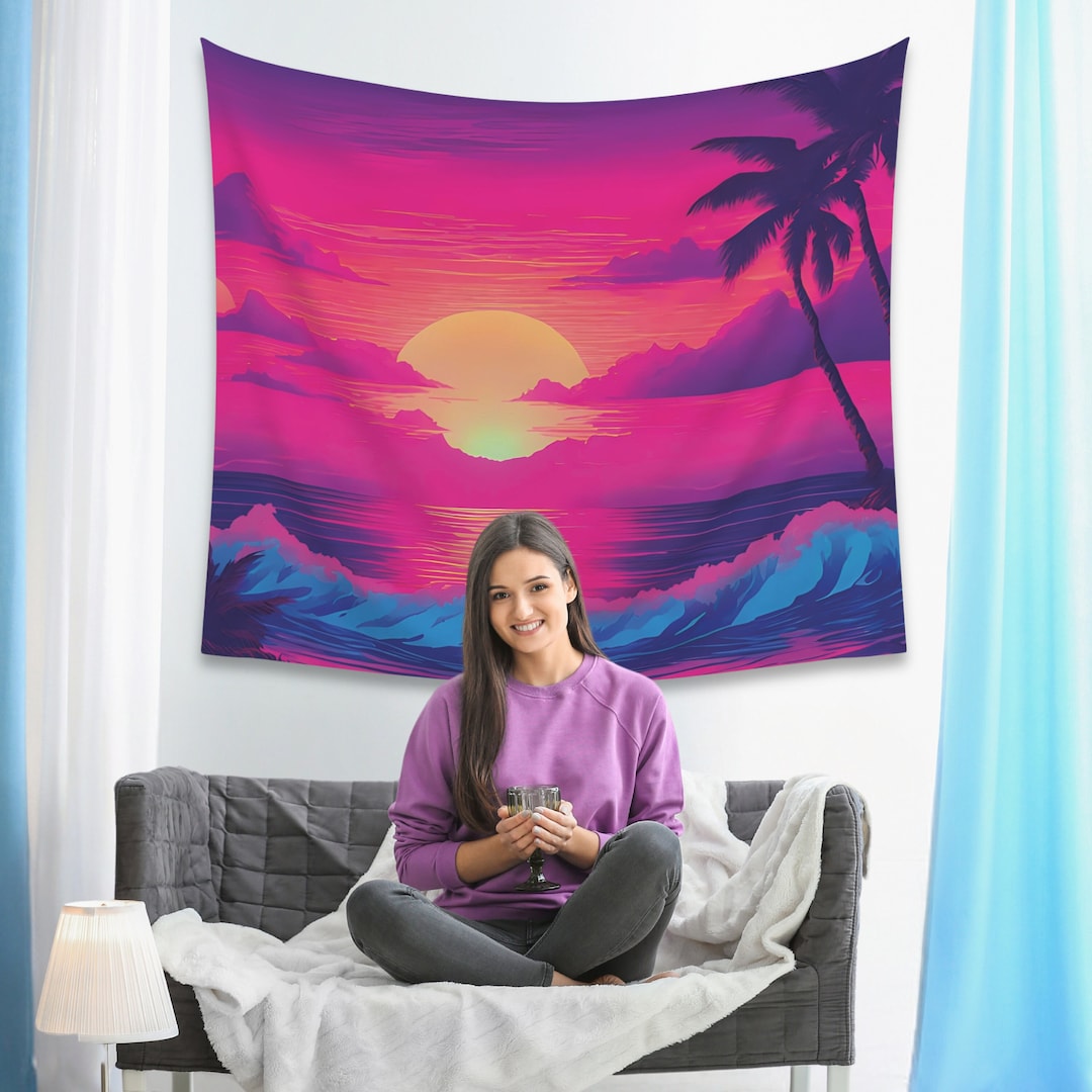 Retro Vaporwave Aesthetic Tapestry Sunset Over Ocean With Palm Trees ...