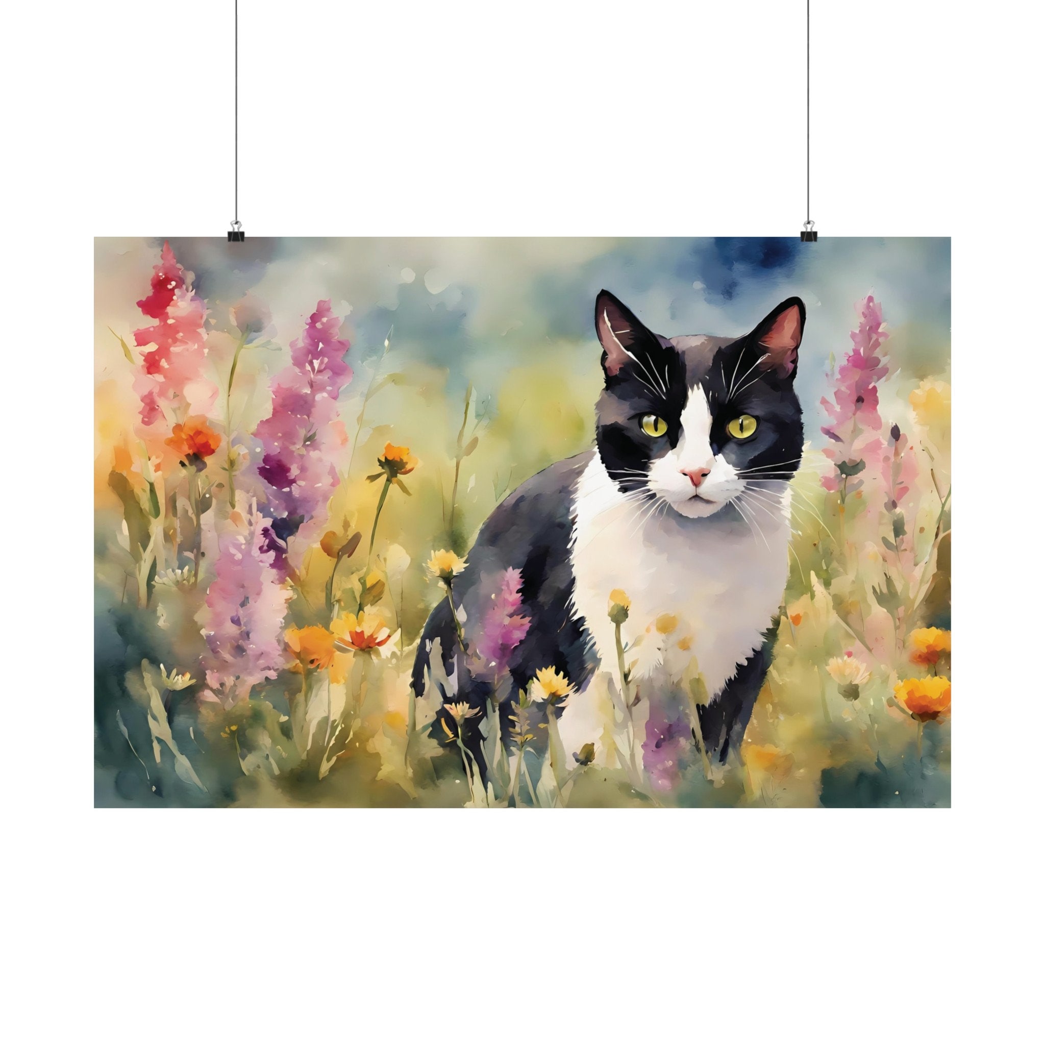 Tuxedo Cat Poster, Tuxedo Cat in Field of Colorful Wildflowers Art ...