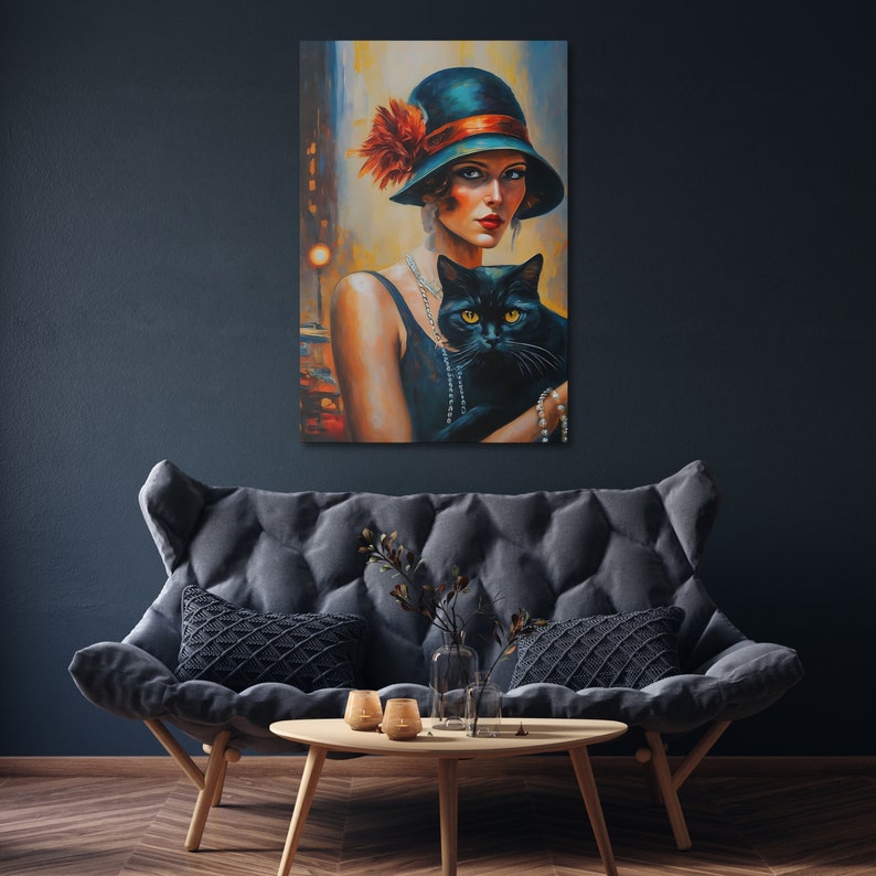 1920s Flapper and Black Cat in New York City Canvas Wall Hanging ...