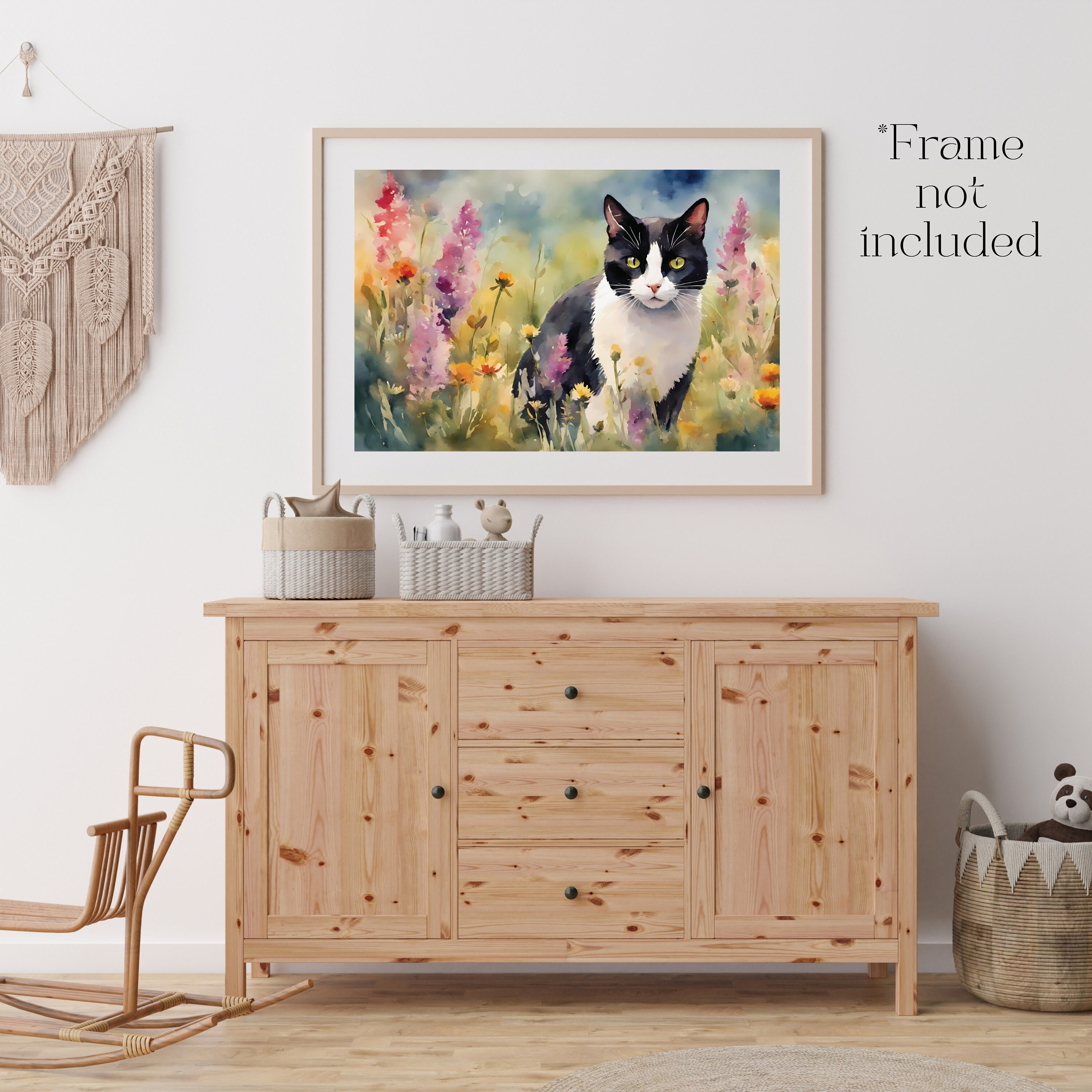 Tuxedo Cat Poster, Tuxedo Cat in Field of Colorful Wildflowers Art ...