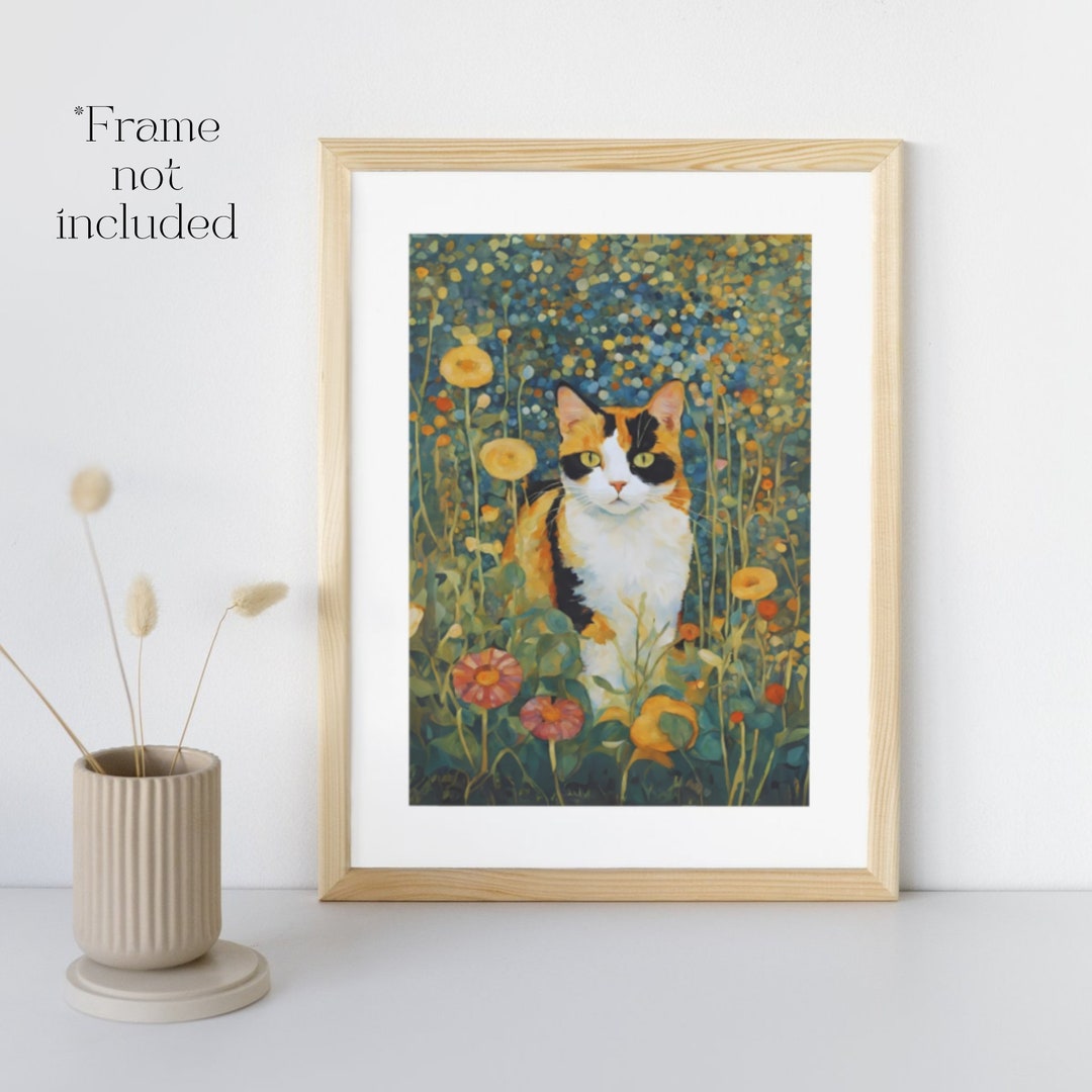 Calico Cat Poster, Gustav Klimt Inspired Flower Garden, Calico Cat Art ...