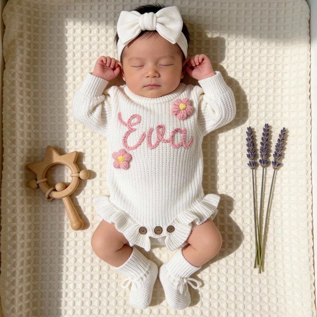 Hand Embroidered Name Baby Romper Set, Personalized Outfit, Baby Girl ...