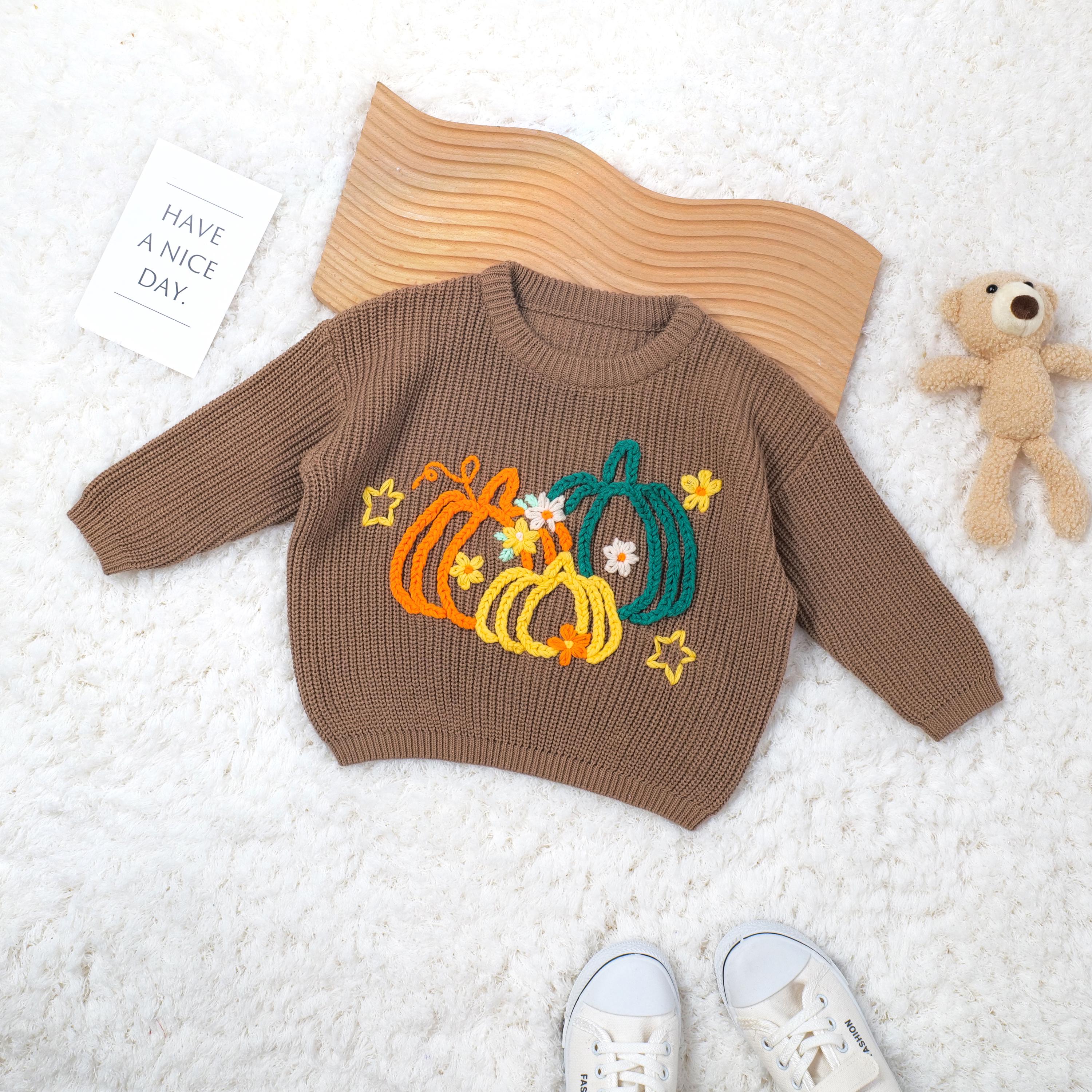 Hand Knitted Baby Sweater, Floral Pumpkin Embroidery, Personalized ...