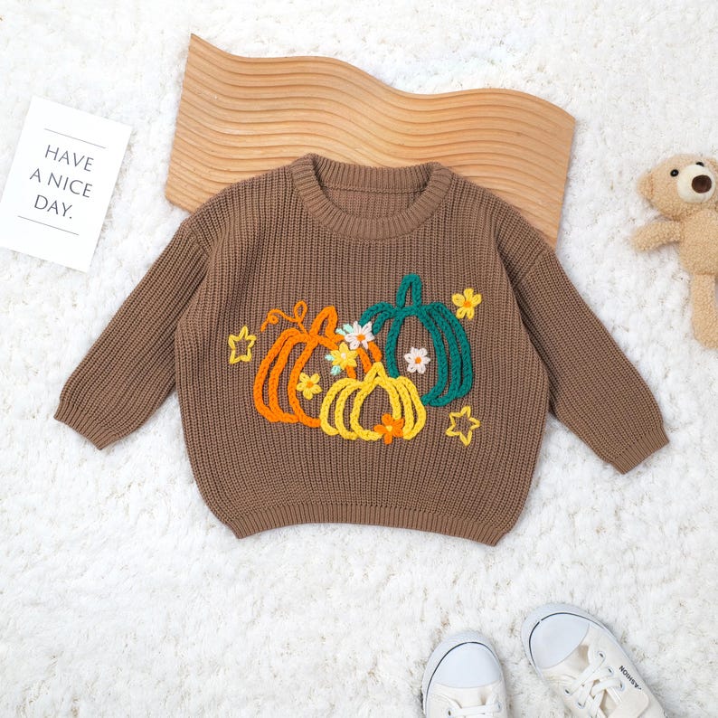 Hand Knitted Baby Sweater, Floral Pumpkin Embroidery, Personalized ...