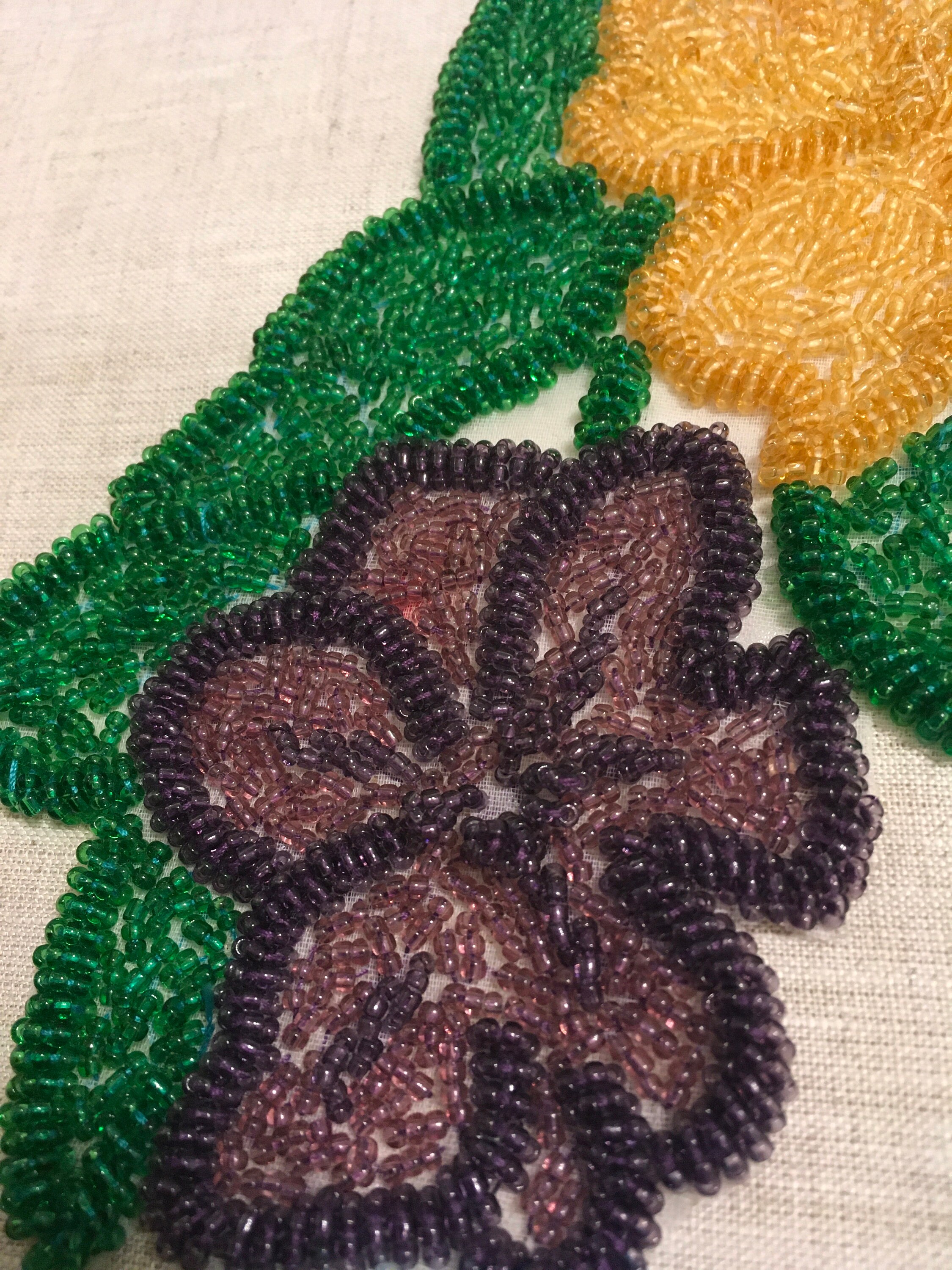 Pair of Large Vintage Embroideries. Hand-embroidered Flowers With Glass ...