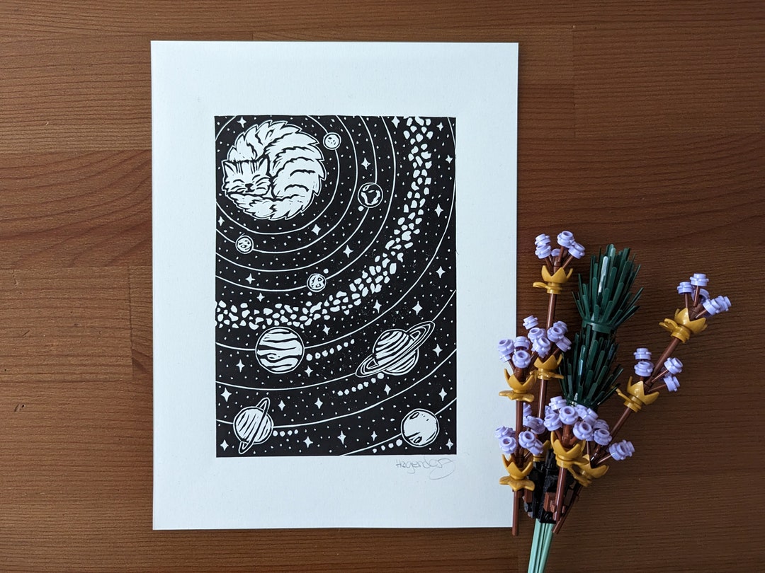 Linocut Print 'cat-centric Worldview' Cat Solar System 18x24cm Handmade ...