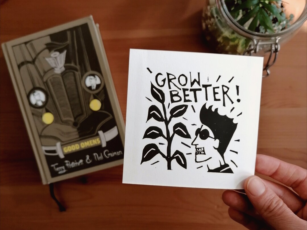Linoprint grow Better Mini Format 10x10cm Good Omens Handmade - Etsy