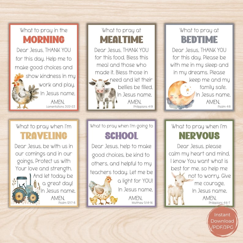Printable Farm Animal Prayer Cards,prayer Prompt Cards for Kids ...