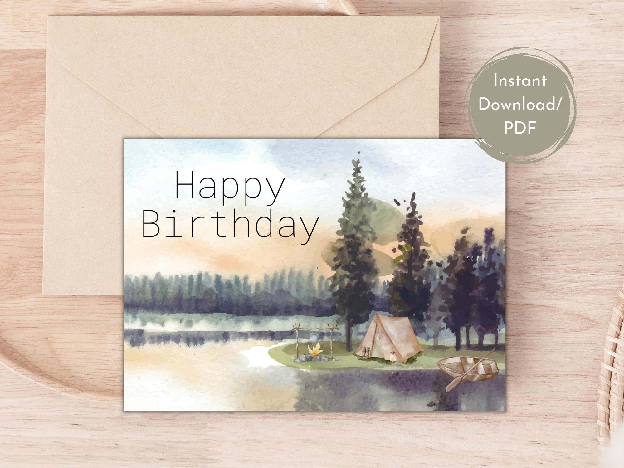 Printable Lake Birthday Card for Him: Watercolor Outdoors Camping Scene ...