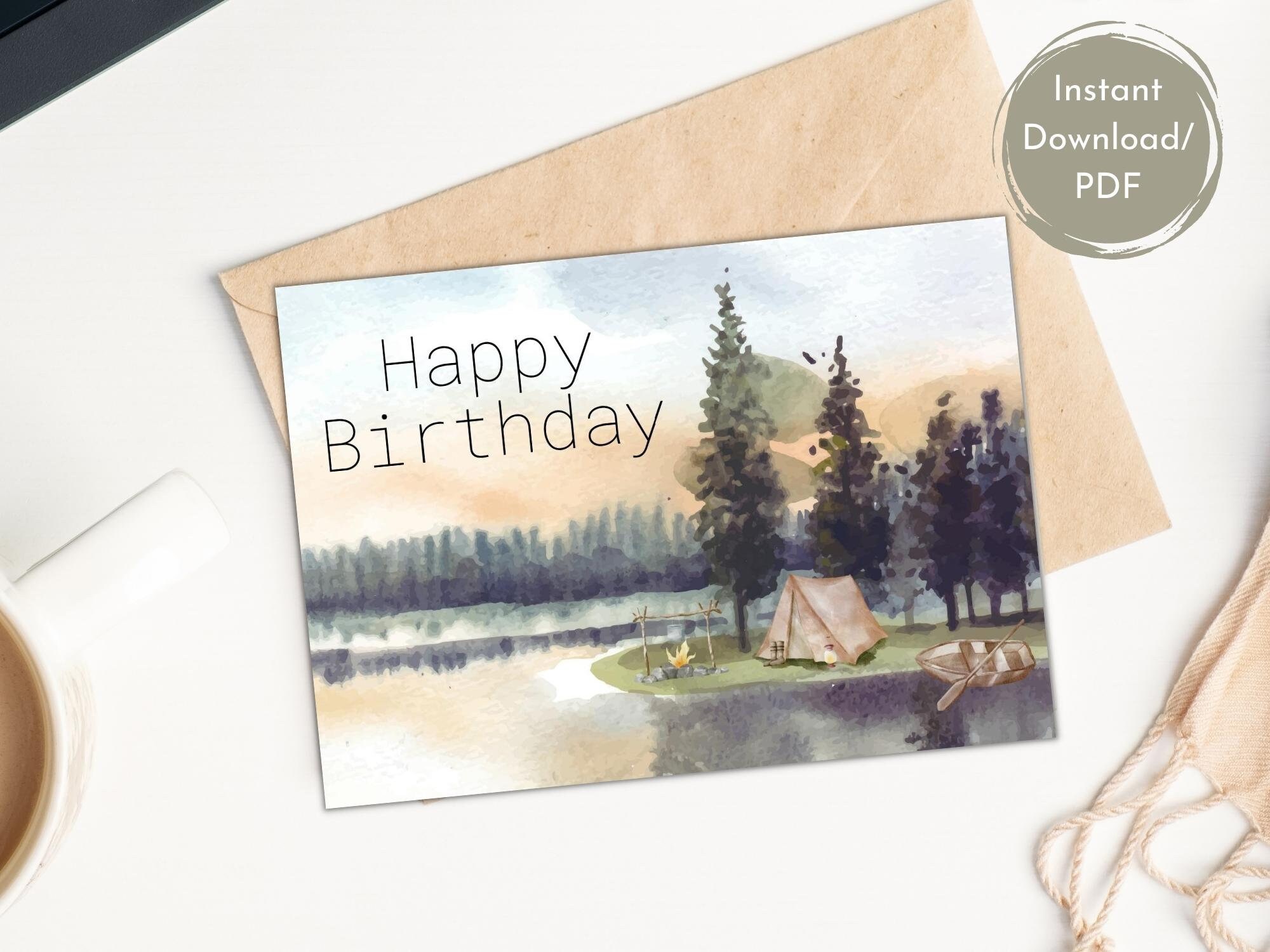Printable Lake Birthday Card for Him: Watercolor Outdoors Camping Scene ...