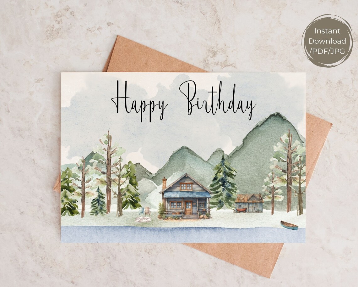 Printable Lake Cabin Birthday Card for Him: Watercolor Outdoors Scene ...