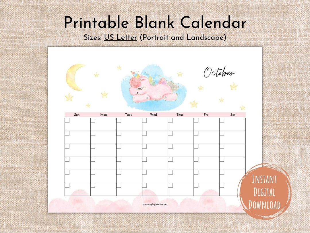Unicorn Kids Calendar Printable: Blank Monthly Planner,digital Download ...