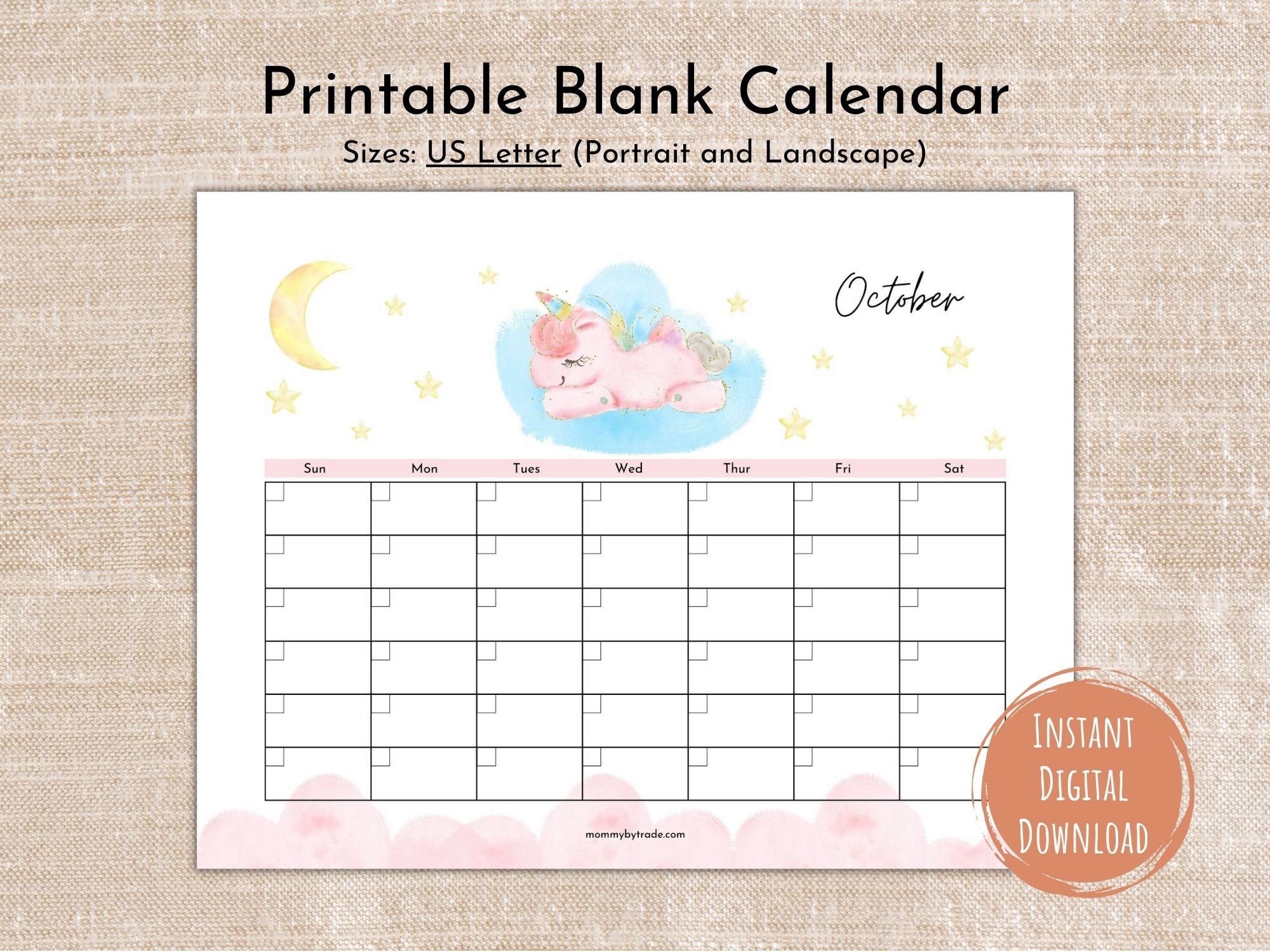 Blank Unicorn Calendar Printable,printable Kids Calendar,unicorn ...