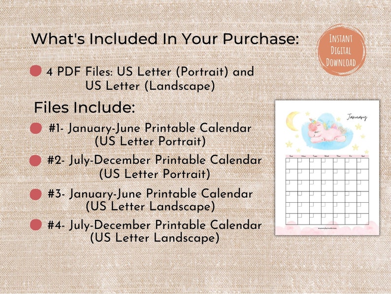 Unicorn Kids Calendar Printable: Blank Monthly Planner,digital Download ...