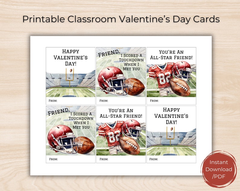 Printable Football Valentine's Day Cards for Kids: Watercolor Classroom ...